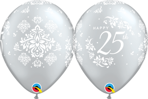 Silver Happy 25th Anniversary Damask 11 inch (28 cm) Latex Balloon ...